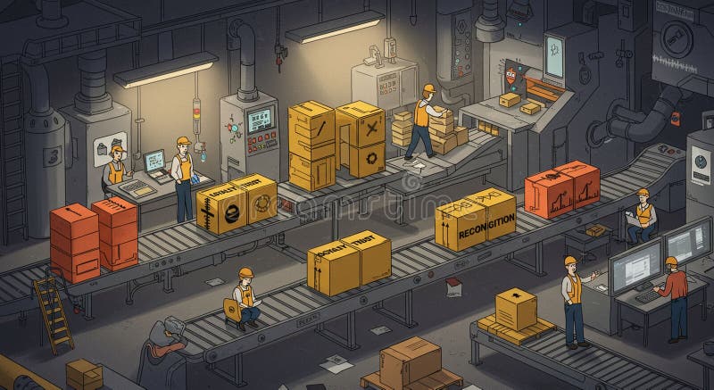 A Digital Illustration of a Factory Interior with a Conveyor System ...