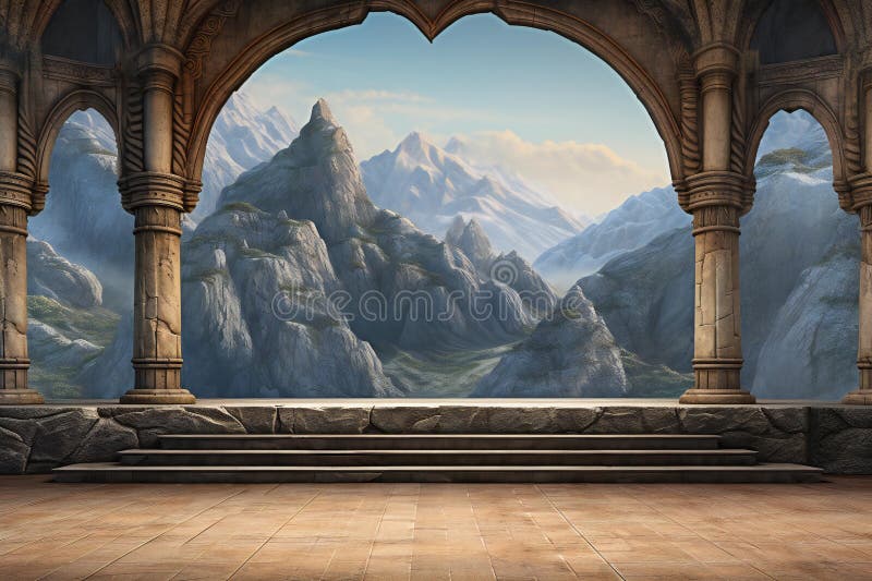 Digital Illustration of a Fantasy Landscape with a Cliffs and Arch ...