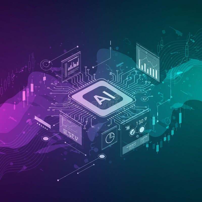 A Digital Illustration Features a Central Microchip Labeled "AI ...