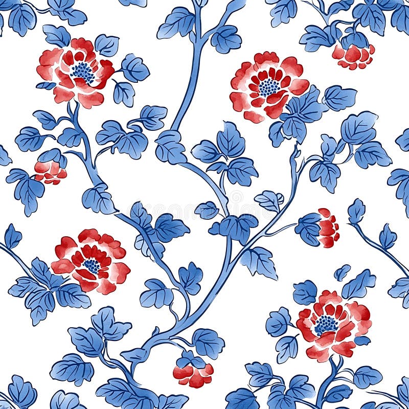 Seamless Floral Pattern with Blue and Red Flowers Stock Illustration ...