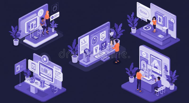 A Digital Illustration Features Four Virtual Workstations, Each with People Engaging with Stock ...