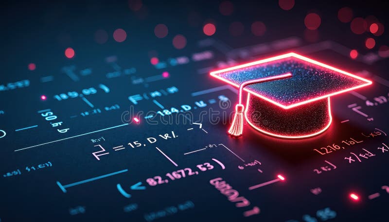 This Digital Illustration Features a Glowing Neon Red Graduation Cap ...