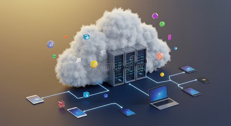 A Digital Illustration Features a Large Cloud Symbolizing Cloud Computing, with Stock ...