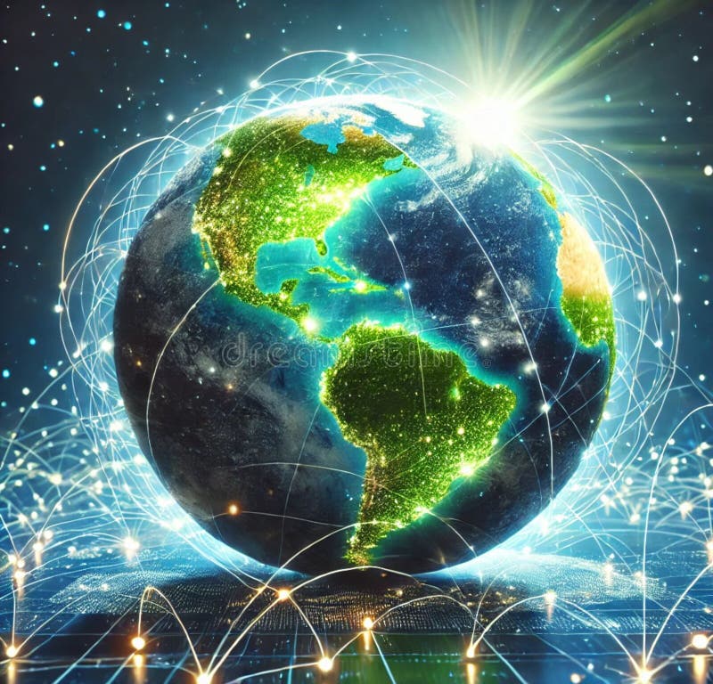 Spherical World Map on Technology Background. Bright Lines and Rays ...