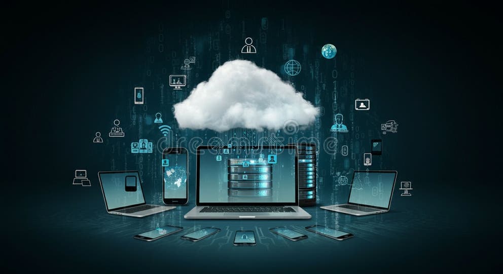 Digital Illustration Featuring a Central Cloud Above a Server Stack ...