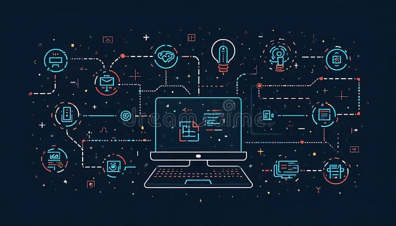 Illustration of a Computer with Connected Icons Representing Various ...