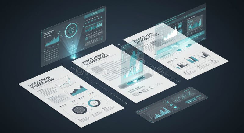 A Digital Illustration Featuring Futuristic Data Interfaces and Documents. Three Flat Stock ...