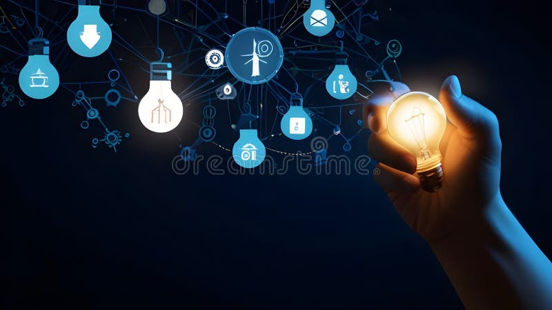 Digital Illustration Featuring a Hand Holding a Glowing Light Bulb on ...