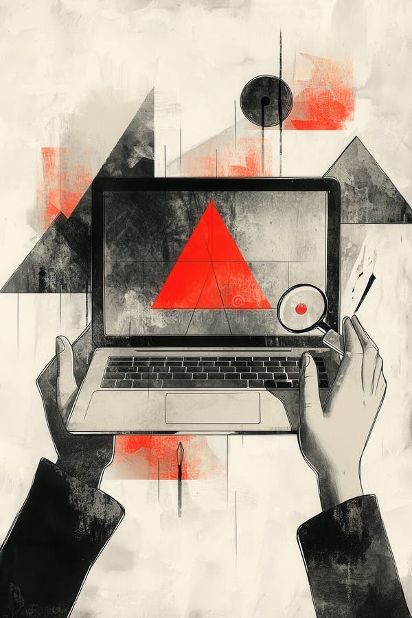 Abstract Digital Art with Red Triangle on Laptop and Geometric Shapes ...