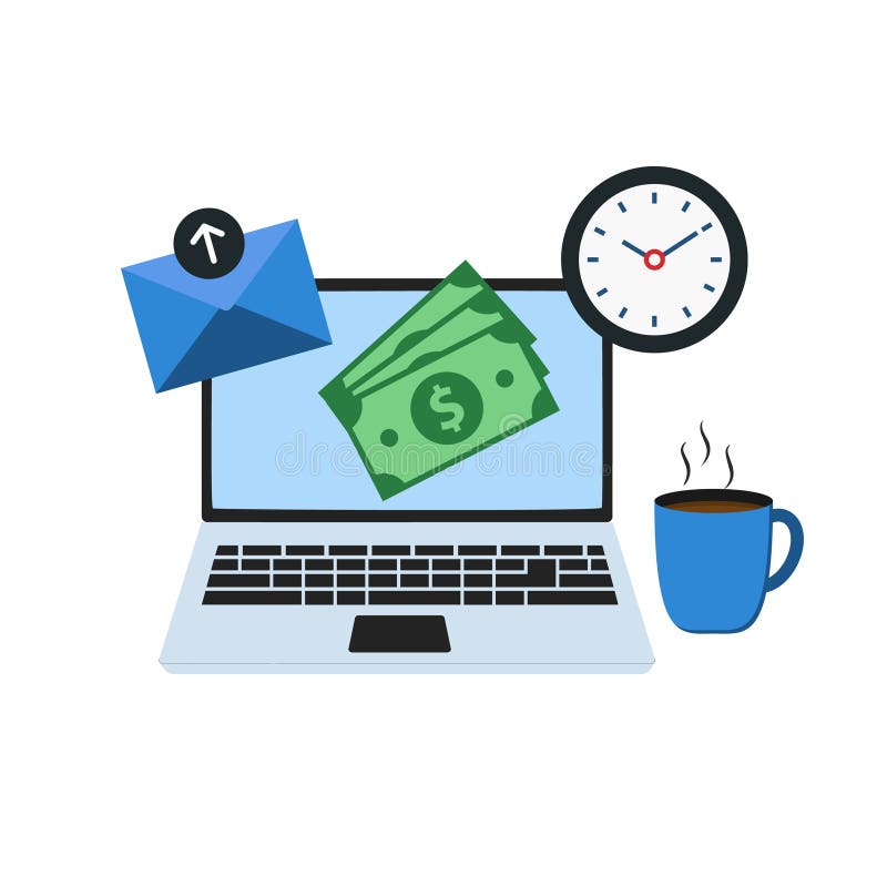 Laptop Money and Coffee Email Freelancing Theme Stock Illustration ...