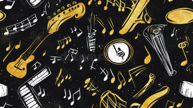 Abstract Musical Pattern with Instruments and Notes in Gold and Black ...