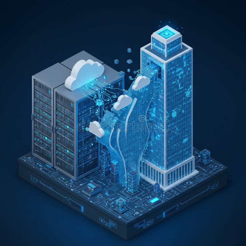 A Digital Illustration Featuring Skyscrapers and Server Towers ...