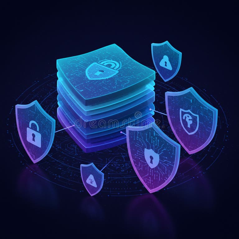 A Digital Illustration Featuring a Stack of Square Layers with a Central Shield Icon, Stock ...