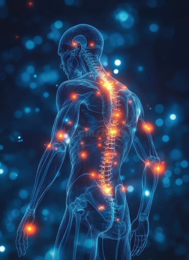 Digital Illustration of a Human Figure with Highlighted Spine and Pain ...