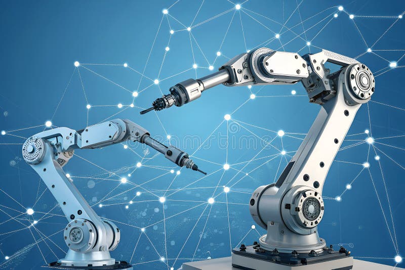 Robotic Arms with Network Lines on Blue Background Stock Illustration ...