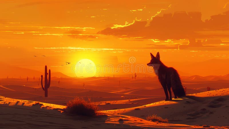A Digital Illustration of a Fox in a Desert Landscape during a Stunning ...