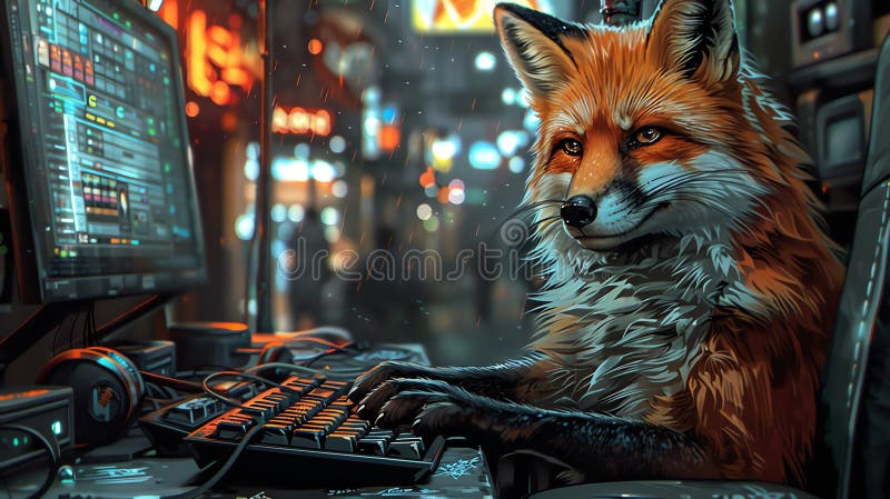 A Digital Illustration of a Fox Working on a Computer in a Cyberpunk ...
