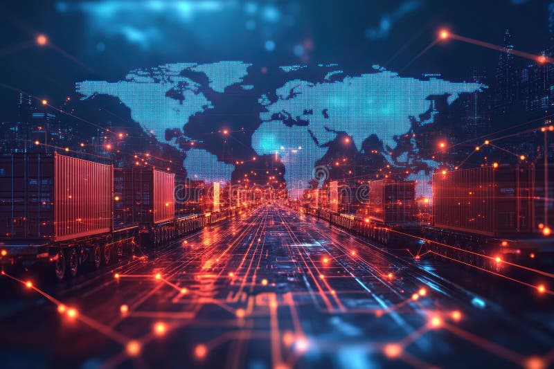 Digital Illustration of Global Map with Shipping Containers and Network ...
