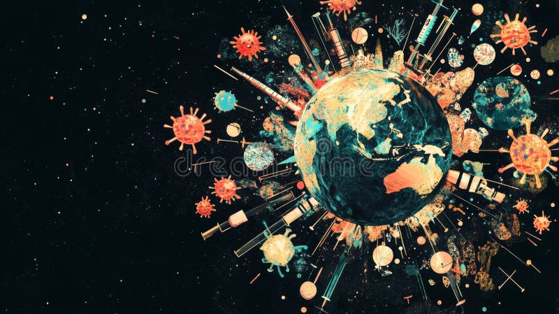 Digital Illustration of Globe Surrounded by Microbes and Vaccines Stock ...