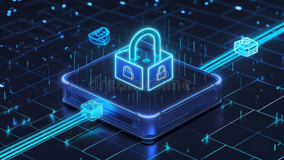 A Digital Illustration of a Glowing Blue Padlock on a Square Platform ...