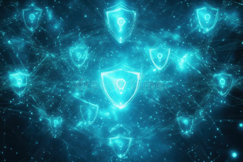 Digital Illustration of Glowing Blue Shields Interconnected with Bright ...