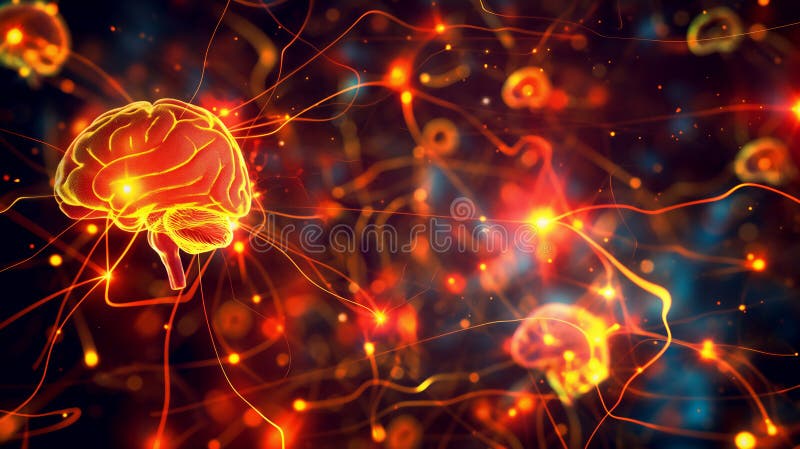 Digital Illustration of a Glowing Orange Brain with Neural Network ...
