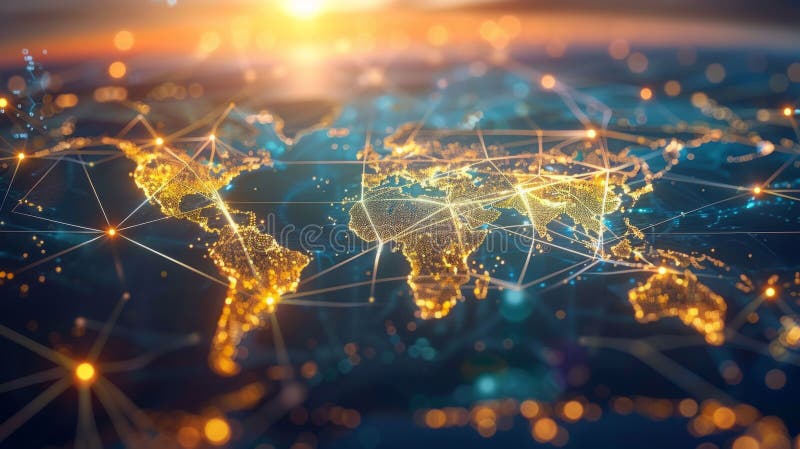 Global Network Connections with Illuminated Continents at Sunset Stock ...