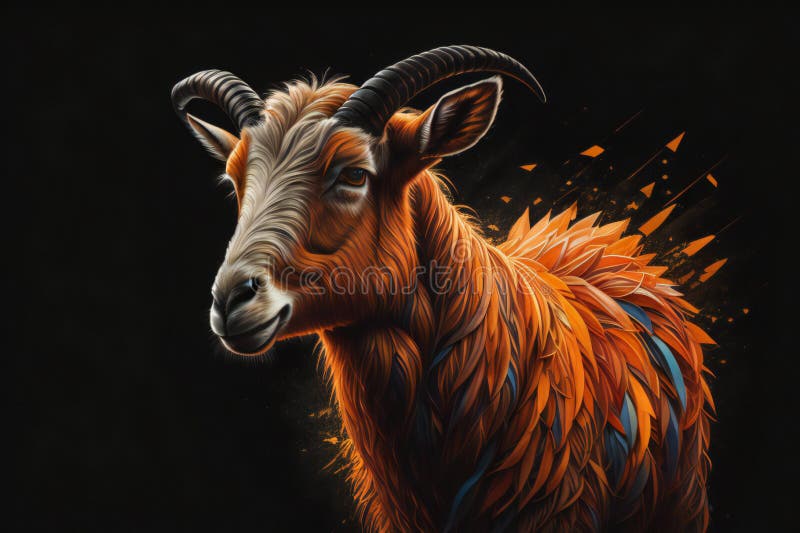 Digital Illustration of a Goat in Orange and Blue Colors on a Black ...