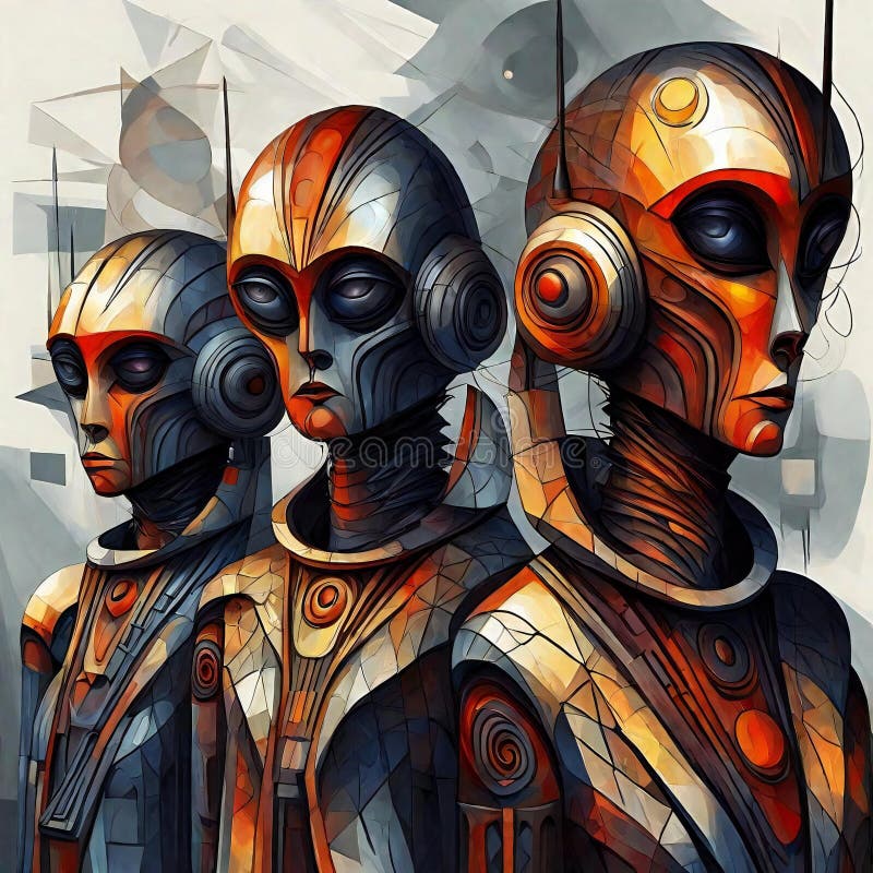 Digital Illustration of a Group of Robots in Front of an Abstract ...