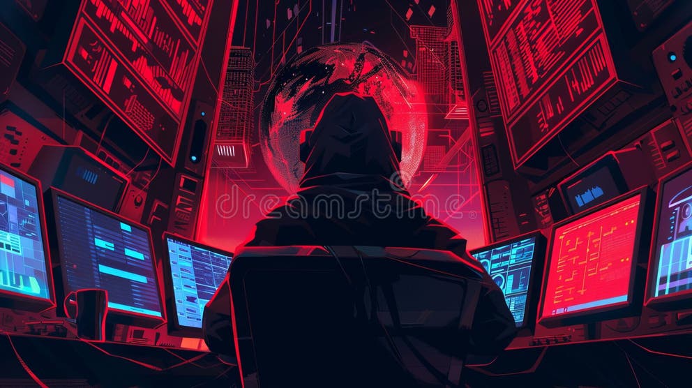 Futuristic Cybersecurity Command Center with Hacker at Work. Dark ...