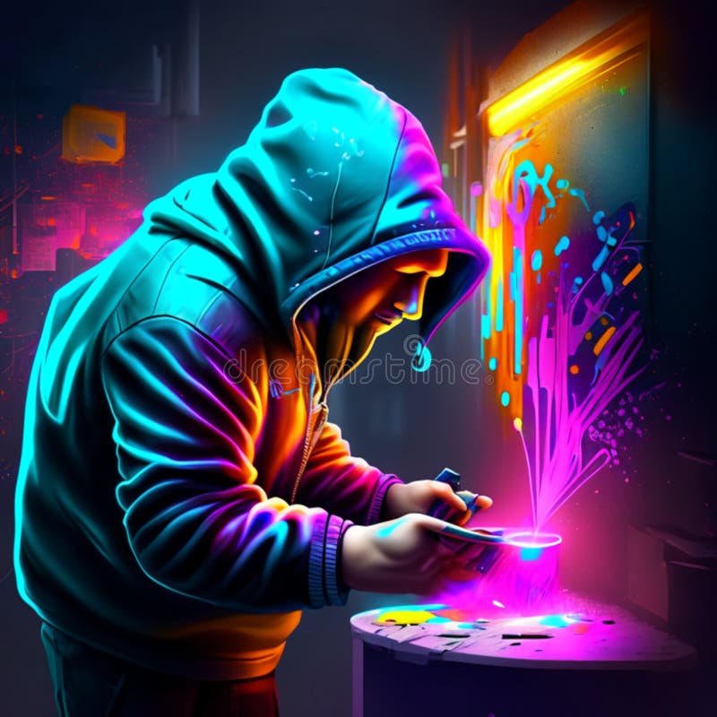 Digital Illustration of a Hooded Hacker Stealing Data from a Computer ...