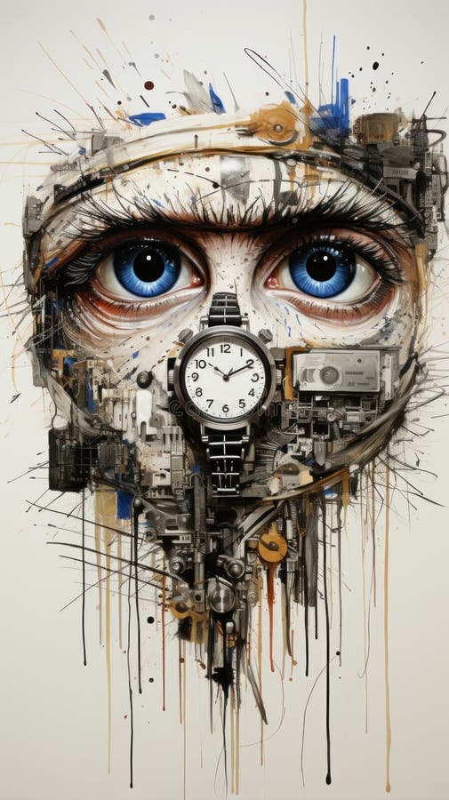 Digital Illustration of a Human Face with Clock in the Foreground ...