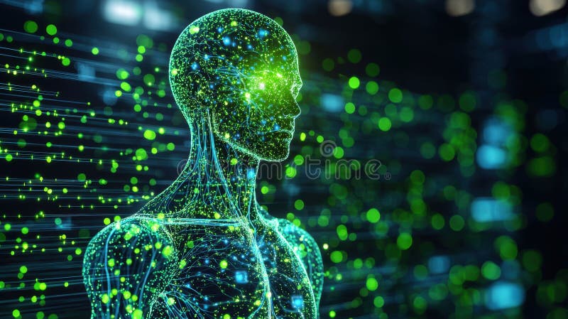 Digital Illustration of Human Figure with Glowing Green Nodes and Lines ...
