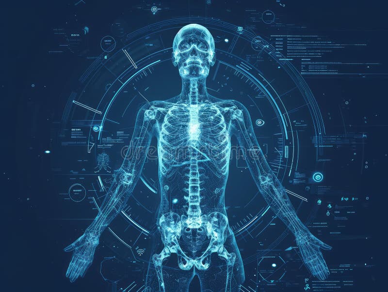 Digital Illustration of Human Skeleton in Blue Background with Hud. 3D ...