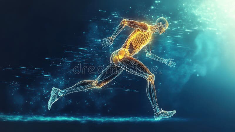 Digital Illustration of Human Skeleton Running in Futuristic Blue and ...