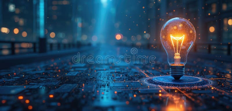 Digital Illustration of Illuminated Lightbulb on Circuit Board. Idea of Software Development ...