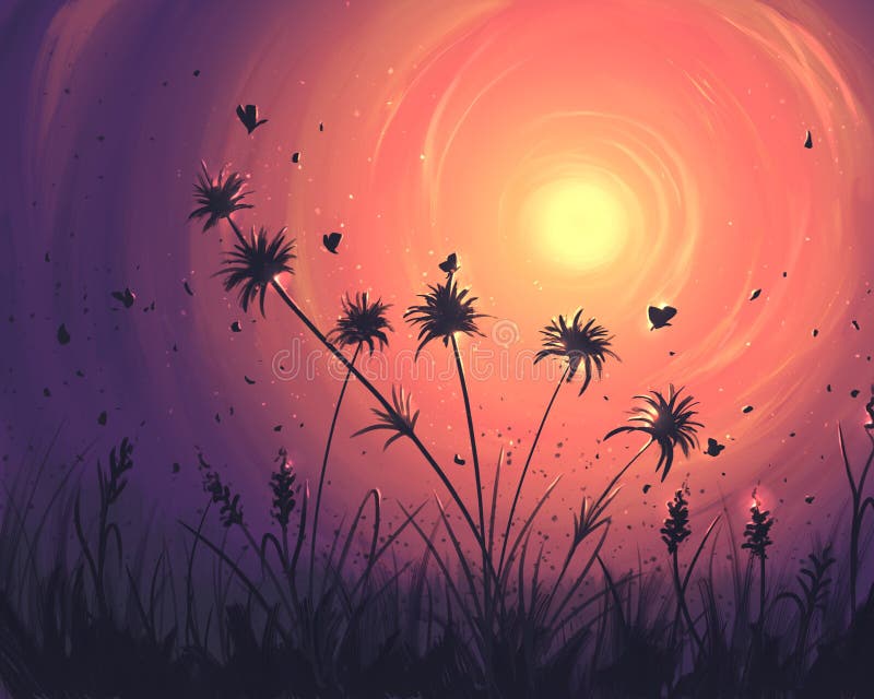 Drawing of Sunset and Flowers Stock Illustration - Illustration of ...