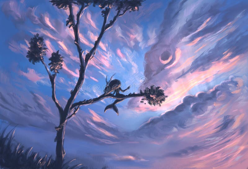 Fantasy Mermaid on the Tree Stock Illustration - Illustration of sketch ...