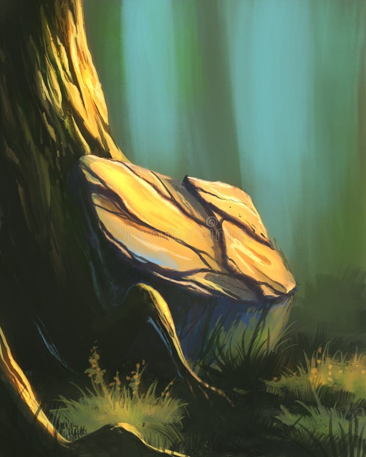 Huge stone under the tree stock illustration. Illustration of stone ...
