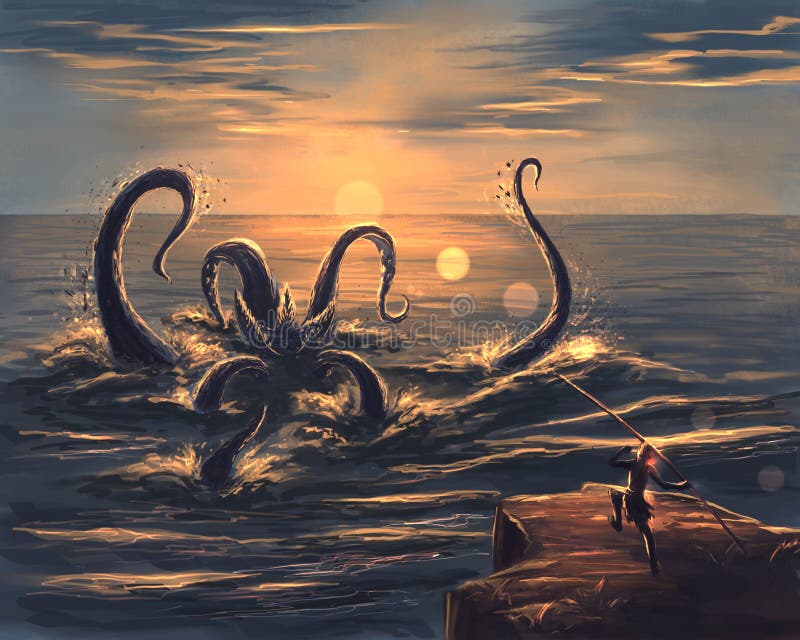 Kraken in the Sea at Sunset Stock Illustration - Illustration of blue ...