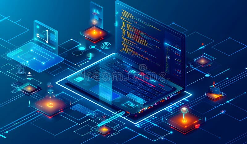 Digital Illustration of Laptop with Coding and Data Visualization ...