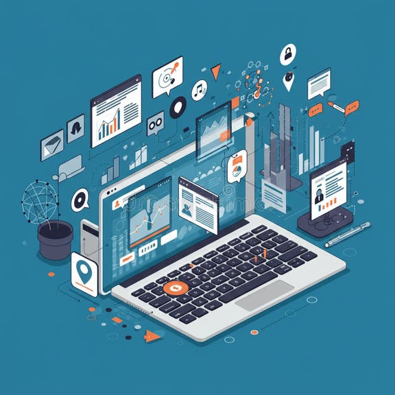 A Digital Illustration of a Laptop with Various Data Visualization Elements Emerging Stock ...