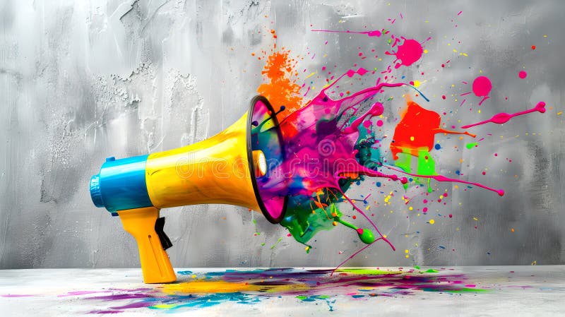 Vibrant Megaphone Bursting with Colorful Paint Splashes on a Gray ...