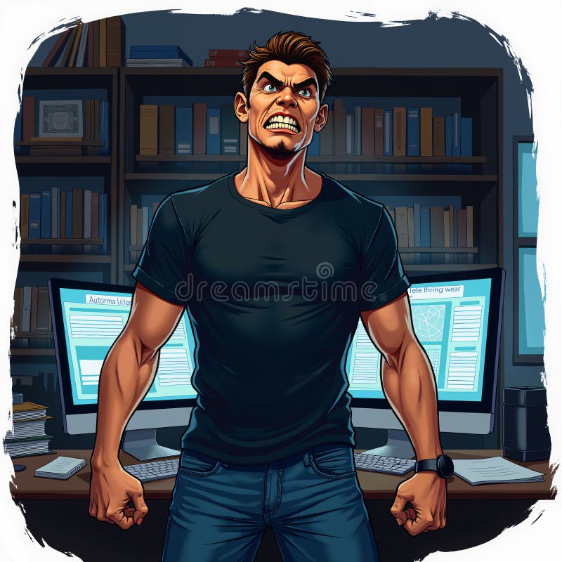 Man Standing at Desk with Computers and Books Stock Illustration ...