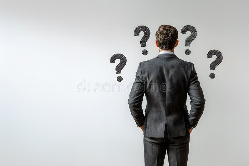 Man Standing with Hands on Pockets, Looking at Question Marks Stock ...