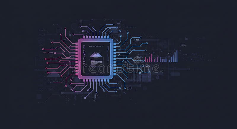 A Digital Illustration of a Microchip, Featuring a Central Processor ...