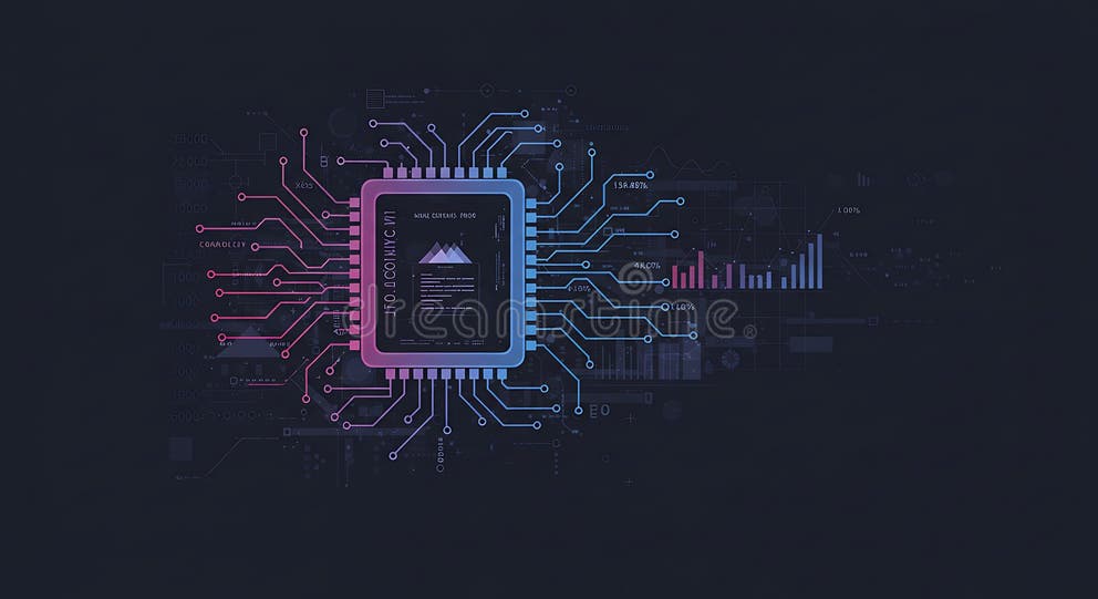 A Digital Illustration of a Microchip, Featuring a Central Processor ...