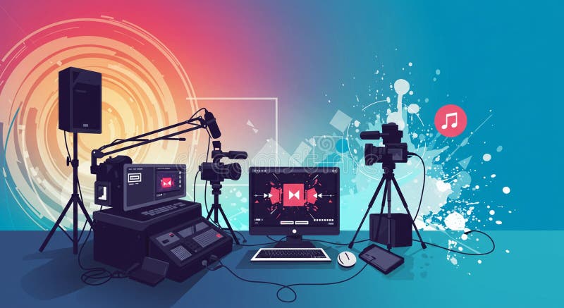 Digital Illustration of a Modern Multimedia Setup. a Computer with a Large Monitor Stock ...