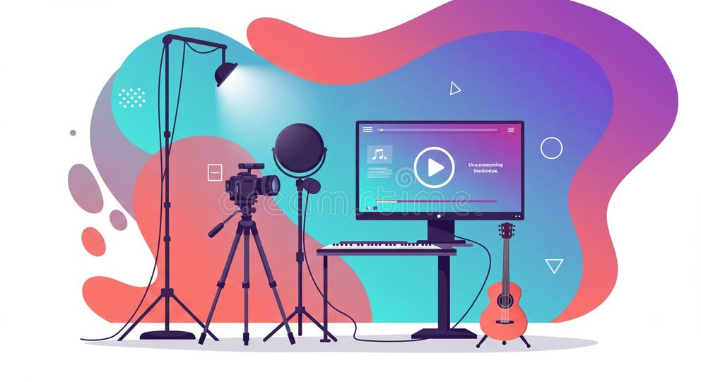 A Digital Illustration of a Modern Multimedia Studio Setup. Features a Computer Stock ...