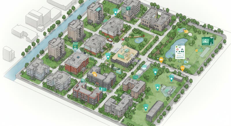 A Digital Illustration of a Modern Residential Complex with Multiple ...